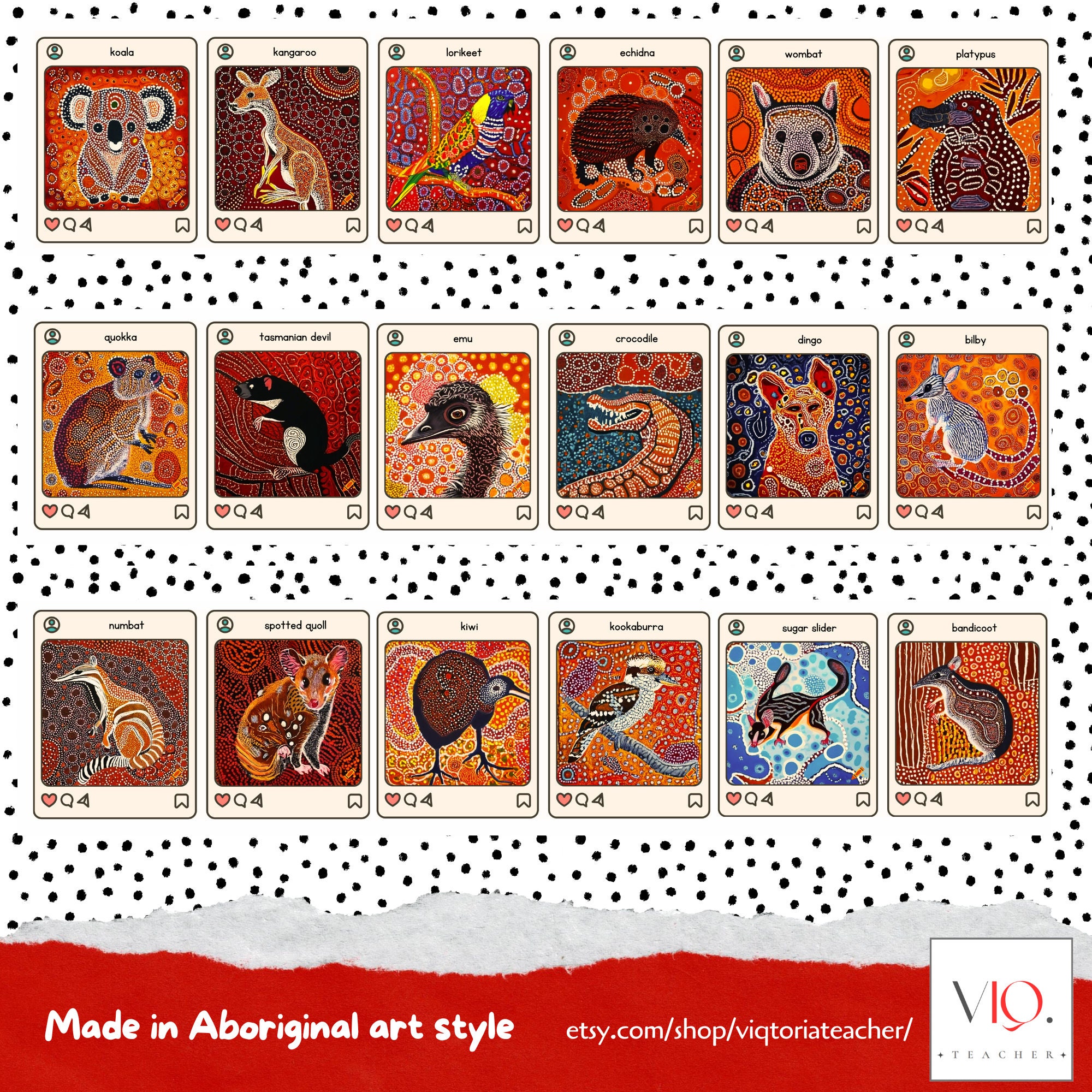 18x2 AUSTRALIAN ANIMALS FLASHCARDS (made in Aboriginal Art) - Etsy