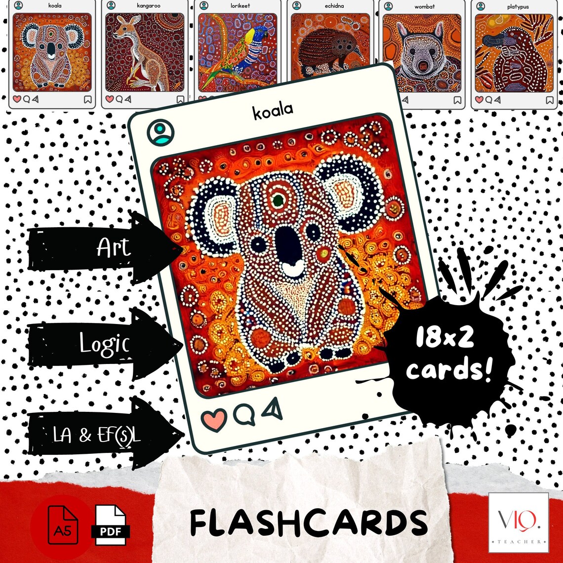 18x2 AUSTRALIAN ANIMALS FLASHCARDS made in Aboriginal Art - Etsy