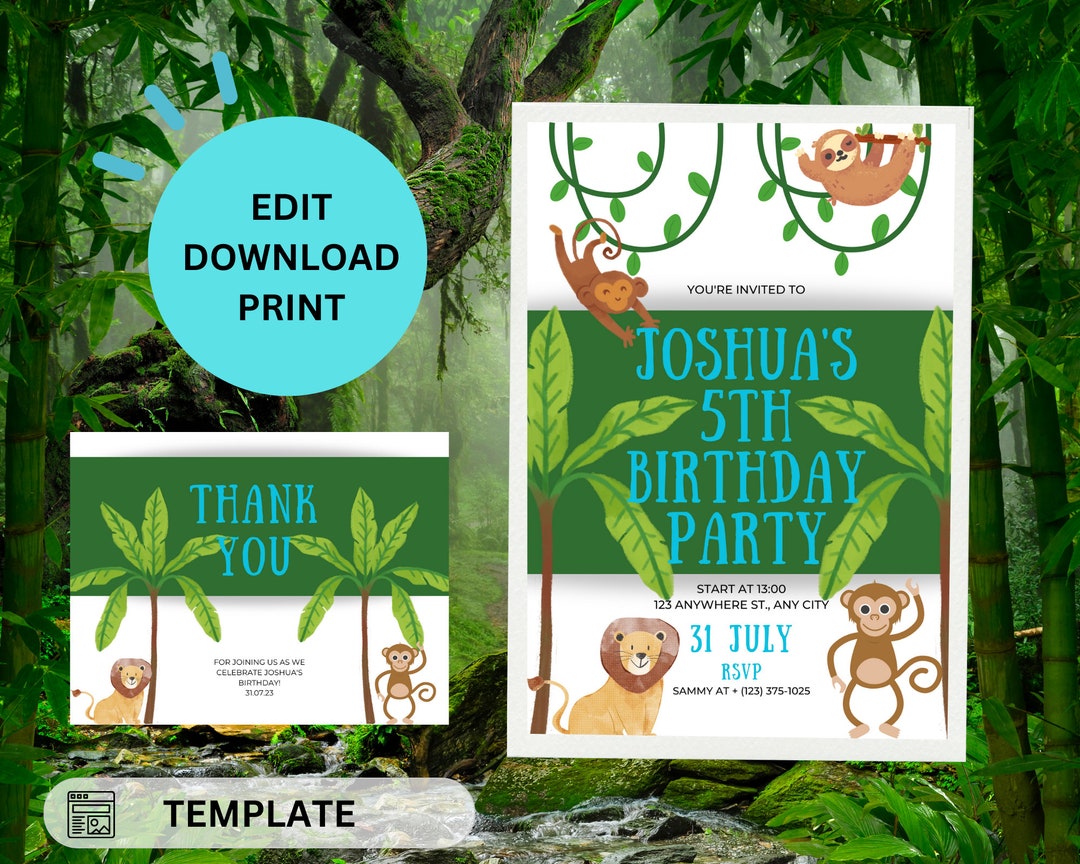 Jungle Themed Kids Birthday Party Invitation Template - Etsy