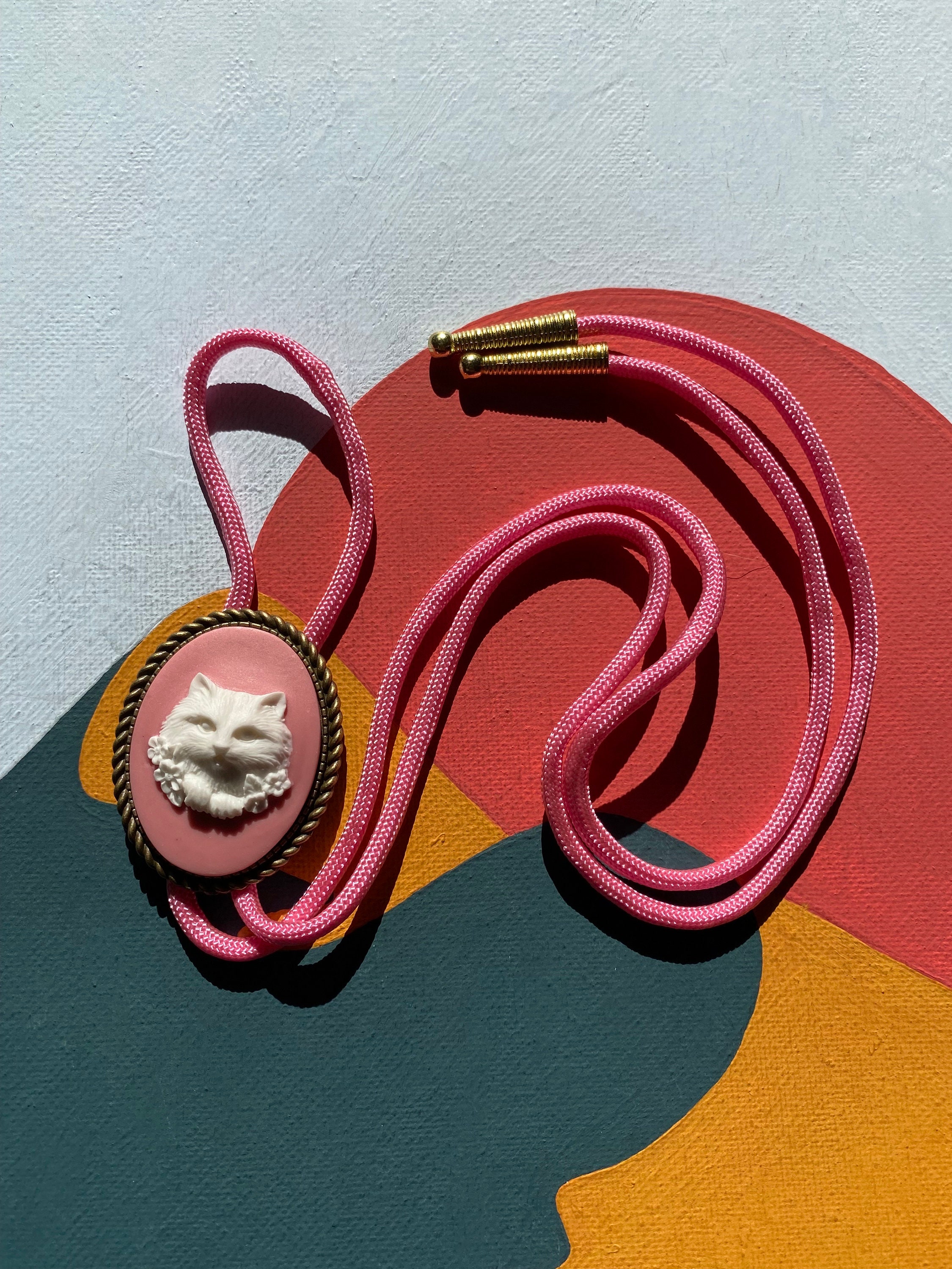 Charming Cat Bolo Tie / Large Pink Cat Cameo / Handmade Necklace Bolo ...