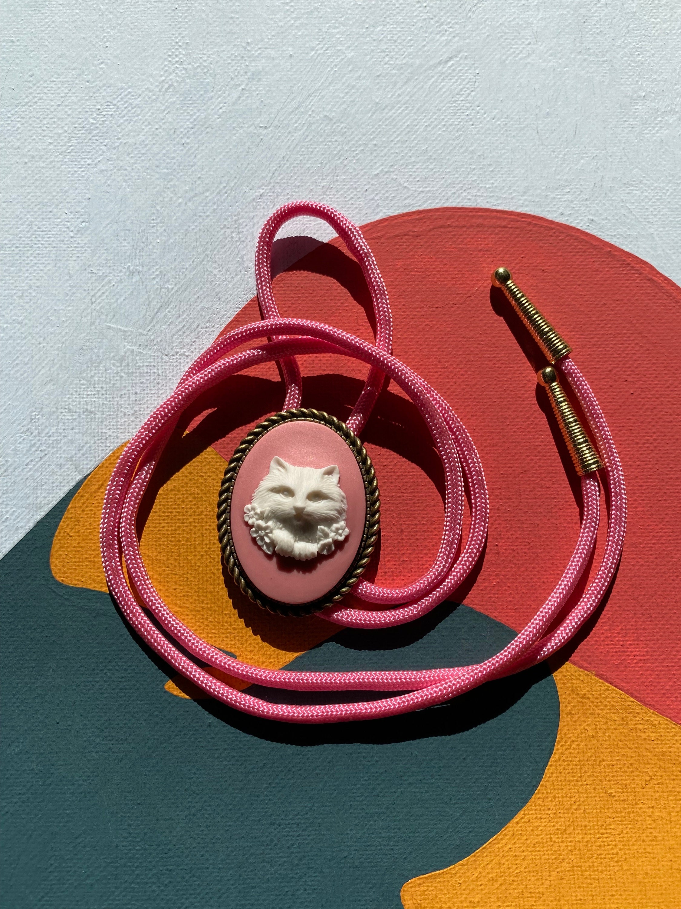 Charming Cat Bolo Tie / Large Pink Cat Cameo / Handmade Necklace Bolo ...