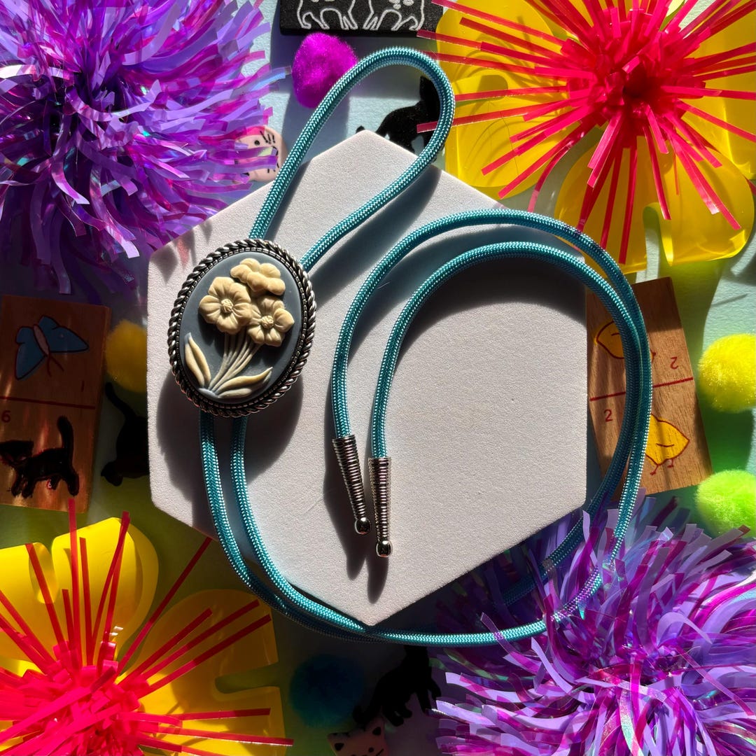 Cute Flower Bolo Tie / Blue and Cream Flower Cameo / Handmade Bolo ...