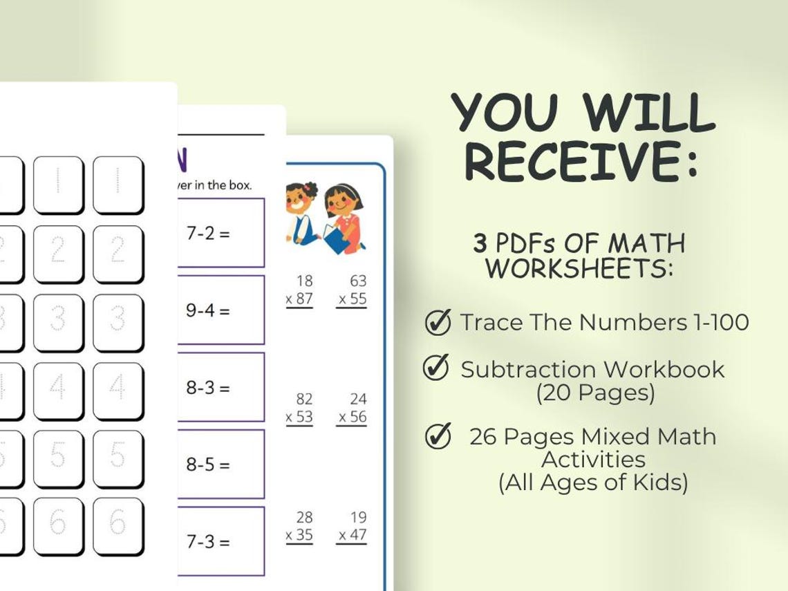 Kids Math Worksheets Bundle, Addition Subtraction, Trace Numbers ...