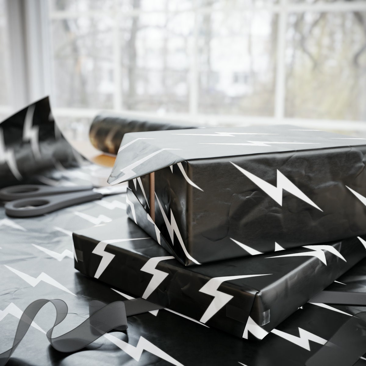 Lightning Bolt Wrapping Paper - Black and White Thunder Gift Wrap - 3 ...