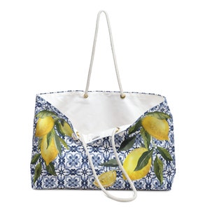 Italian Lemons Weekender Bag - Blue Tile Pattern Large Tote - Amalfi ...