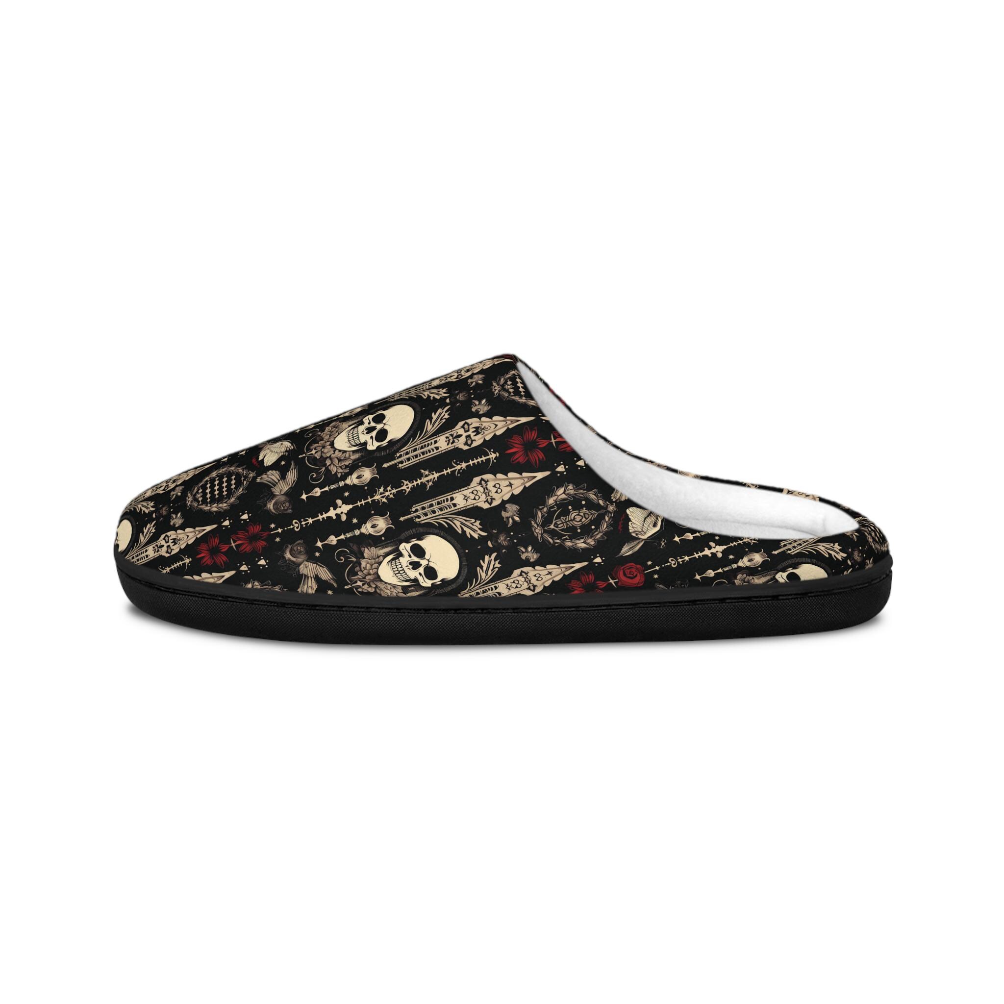 Men's Dark Academia Indoor Slippers - Medieval Skulls Pattern Footwear ...