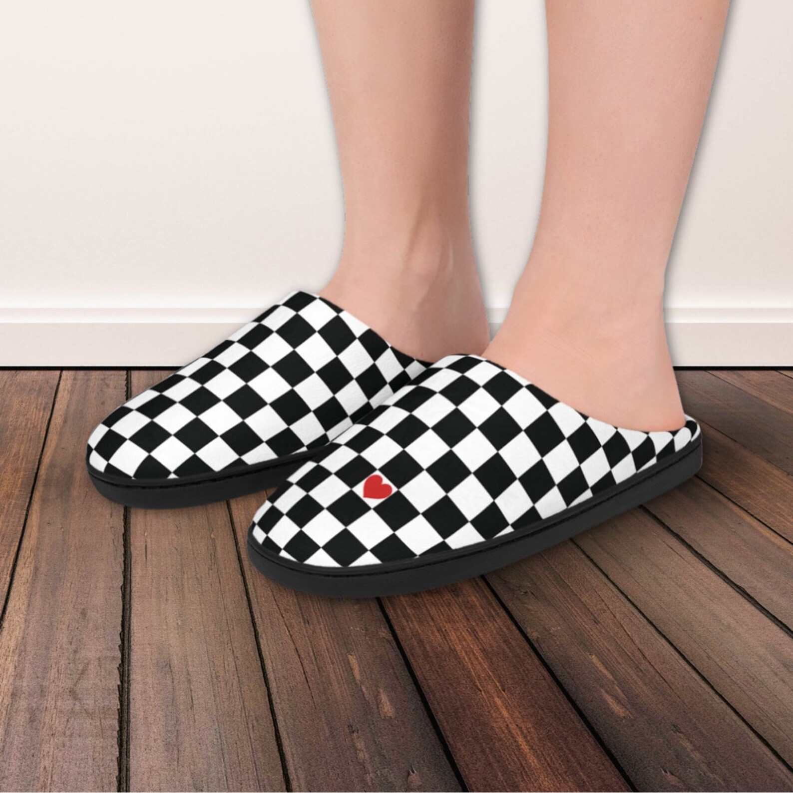 Black Checker Pattern With Red Heart Women's Indoor Slippers - Etsy