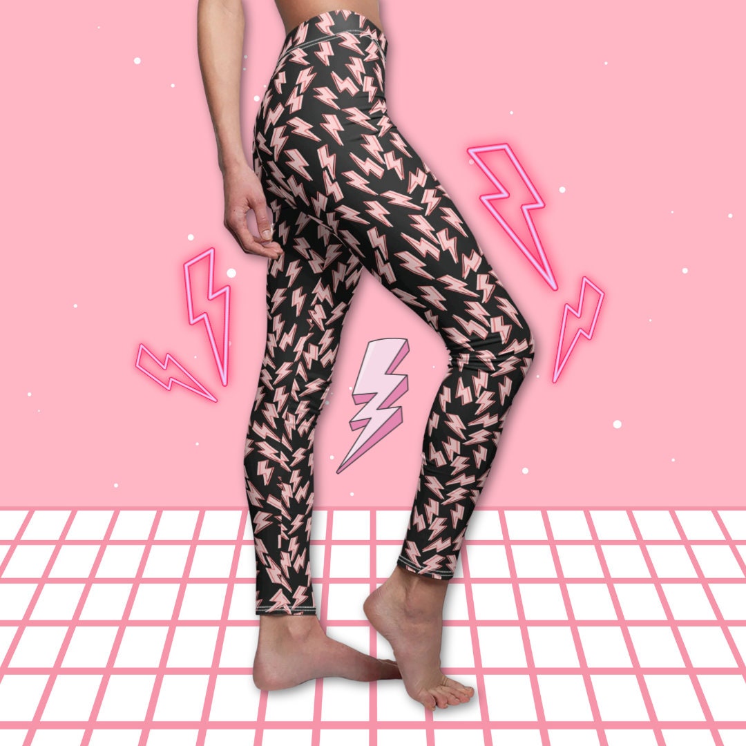 Pink Lightning Bolt Women's Spandex Leggings - Retro Pattern Stretch ...