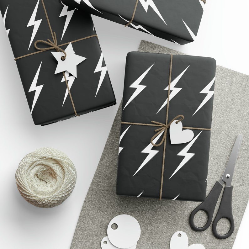 Lightning Bolt Wrapping Paper - Black and White Thunder Gift Wrap - 3 ...