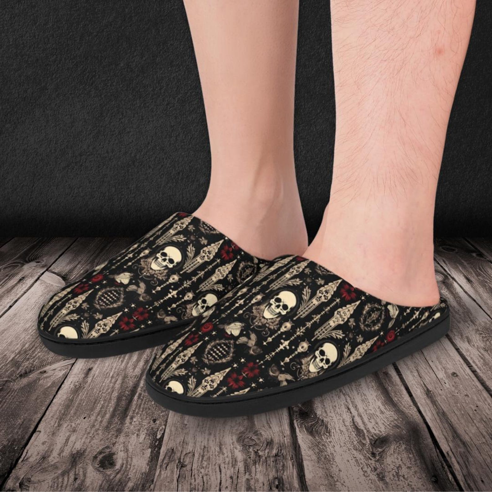 Men's Dark Academia Indoor Slippers - Medieval Skulls Pattern Footwear ...
