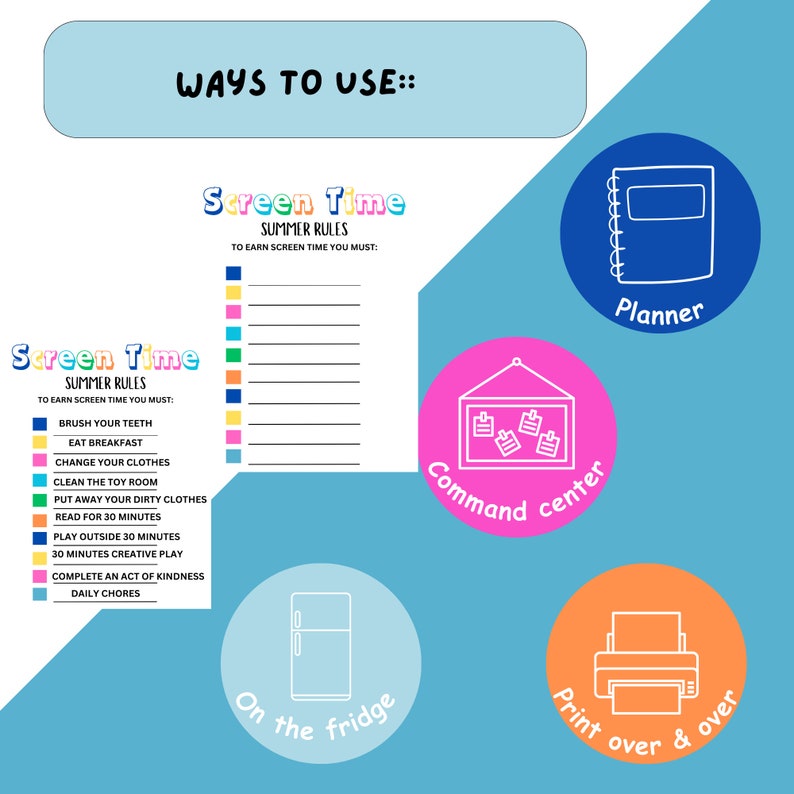 Summer Screen Time Rules Checklist Printable, Screen Time Chart, Earn ...