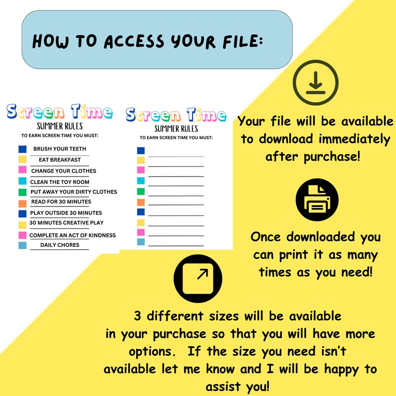 Summer Screen Time Rules Checklist Printable, Screen Time Chart, Earn ...