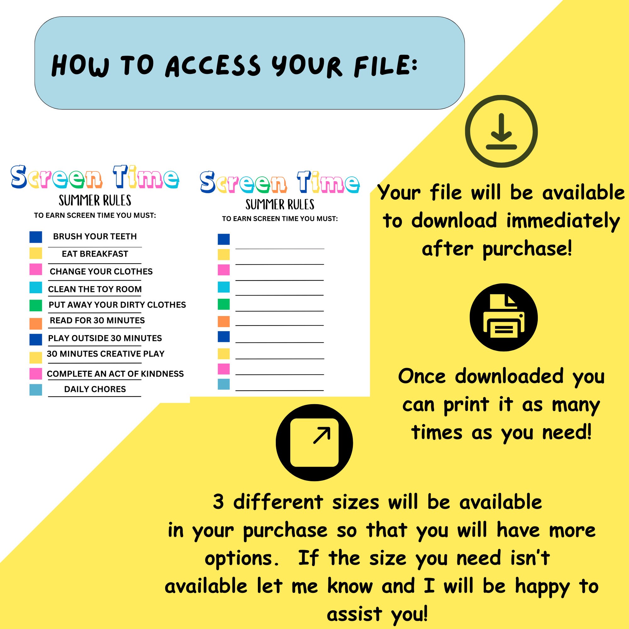 Summer Screen Time Rules Checklist Printable, Screen Time Chart, Earn ...