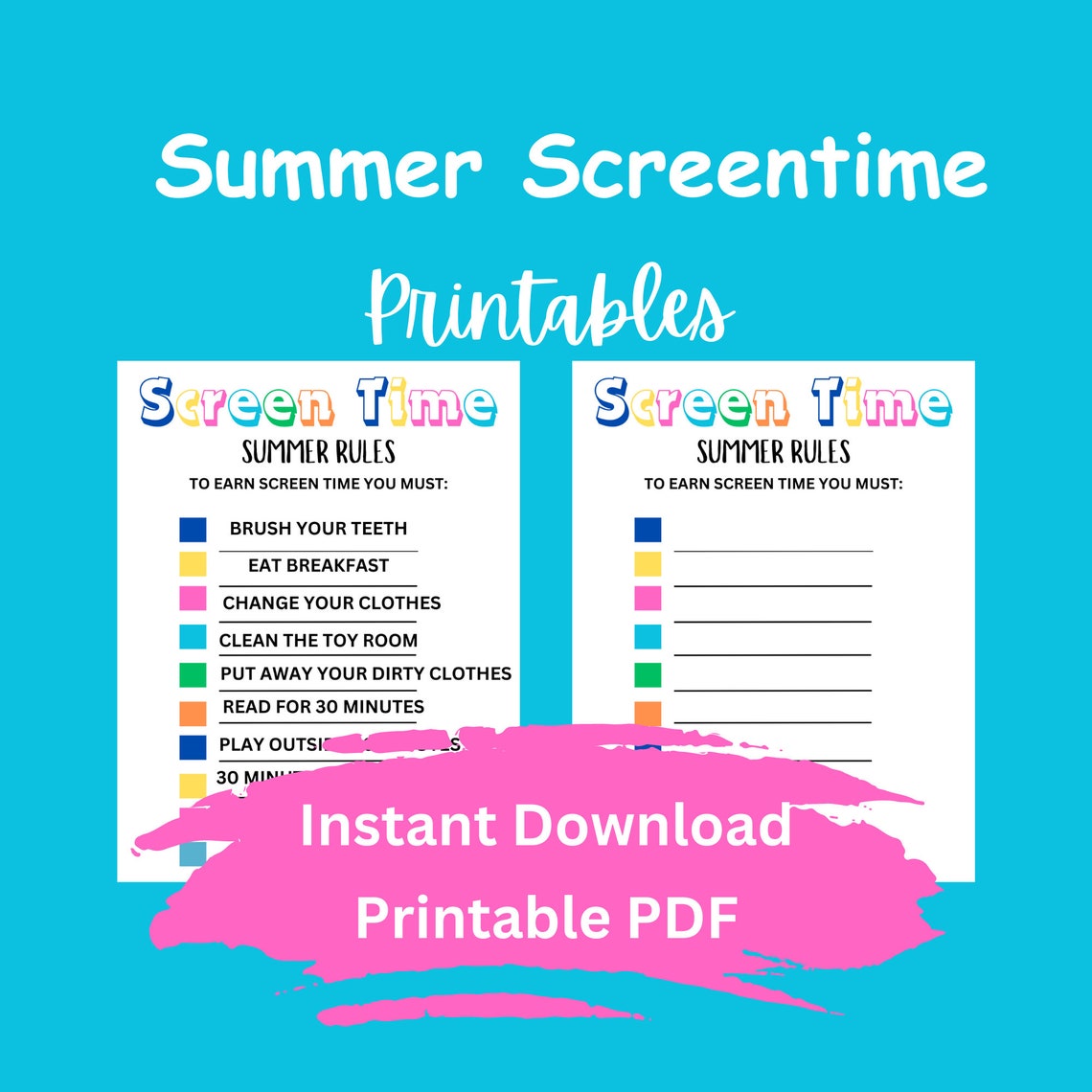Summer Screen Time Rules Checklist Printable, Screen Time Chart, Earn ...