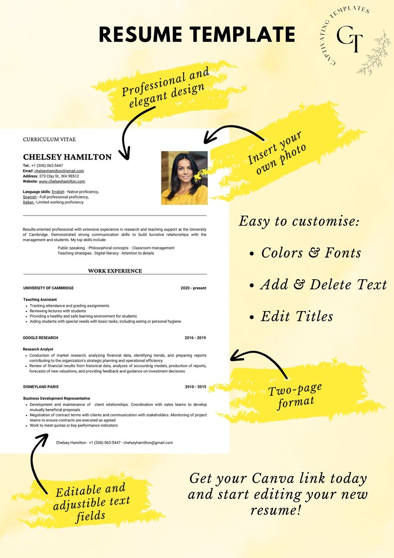 Canva Resume Template - Minimalist, Professional Two-page CV With Photo ...