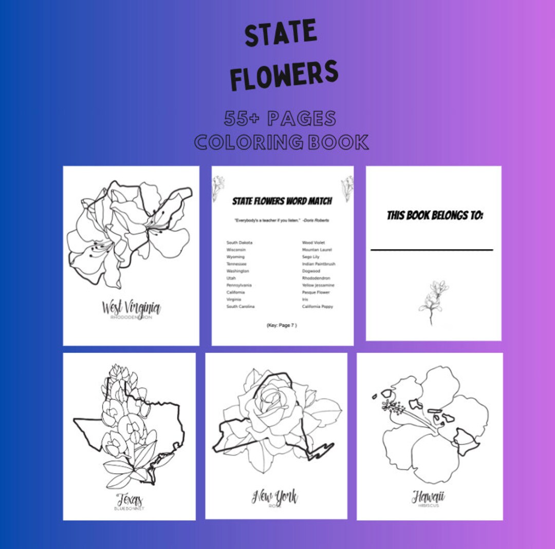 State Flowers Coloring Book & Word Match | 55+ Themed Coloring Pages ...