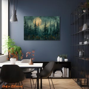 Moonlit Foggy Forest Canvas Painting, Pine Tree Forest Wall Art, Rustic ...