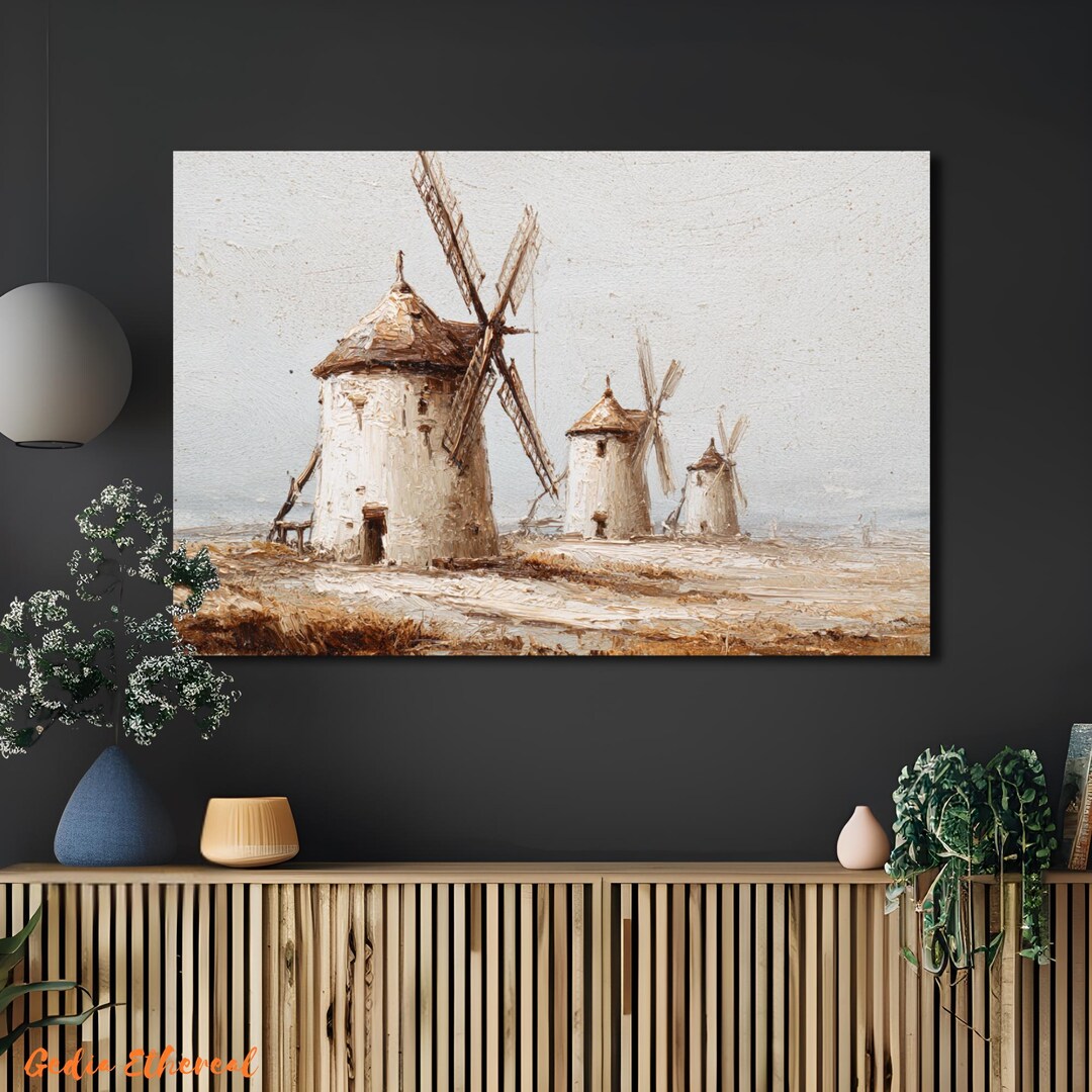 Mediterranean Windmills Canvas Print | Rustic Countryside Farmhouse ...