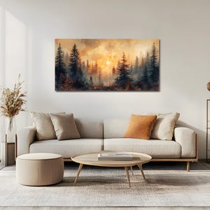 Forest Sunset Canvas Painting, Pine Tree Forest Wall Art, Rustic Forest ...