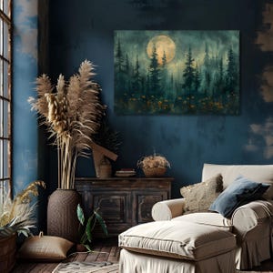 Moonlit Foggy Forest Canvas Painting, Pine Tree Forest Wall Art, Rustic ...