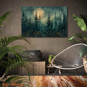 Moonlit Foggy Forest Canvas Painting, Pine Tree Forest Wall Art, Rustic ...