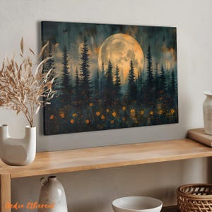 Full Moon Pine Tree Forest Canvas Painting, Moonlit Forest Canvas ...