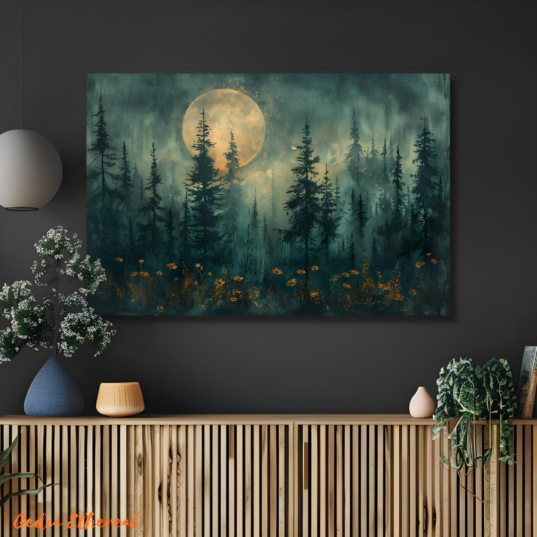 Moonlit Foggy Forest Canvas Painting: Eerie Nature Wall Art - Etsy