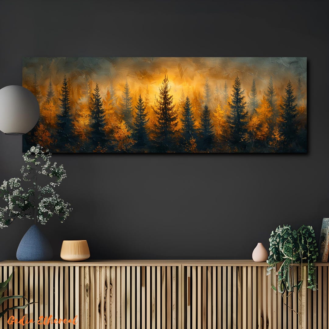 Panoramic Forest Sunset Canvas Painting, Golden Sunset Over Pine Forest ...