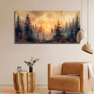 Forest Sunset Canvas Painting, Pine Tree Forest Wall Art, Rustic Forest Painting, Vintage Forest ...
