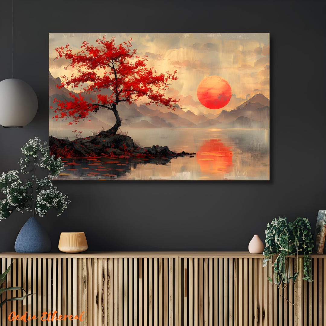 Maple Tree at Sunset Lake Canvas Painting, Japanese Maple Tree Wall Art ...
