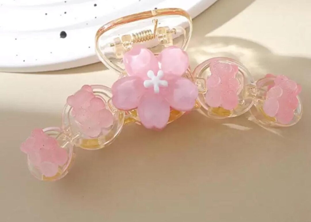 Pink Hair Claw Clip With Flower and Bear. Cute Hair Clip for Everyday ...