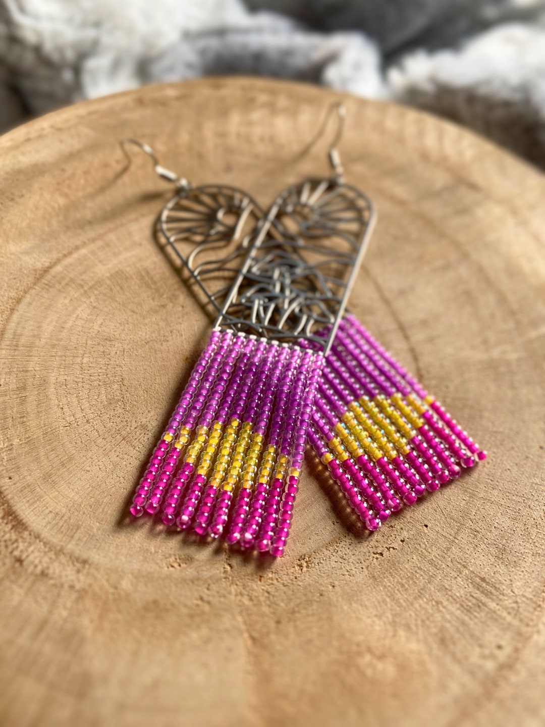 Dust Jacket | Neon Mushroom | Handmade Beaded Earring | Pink Purple ...