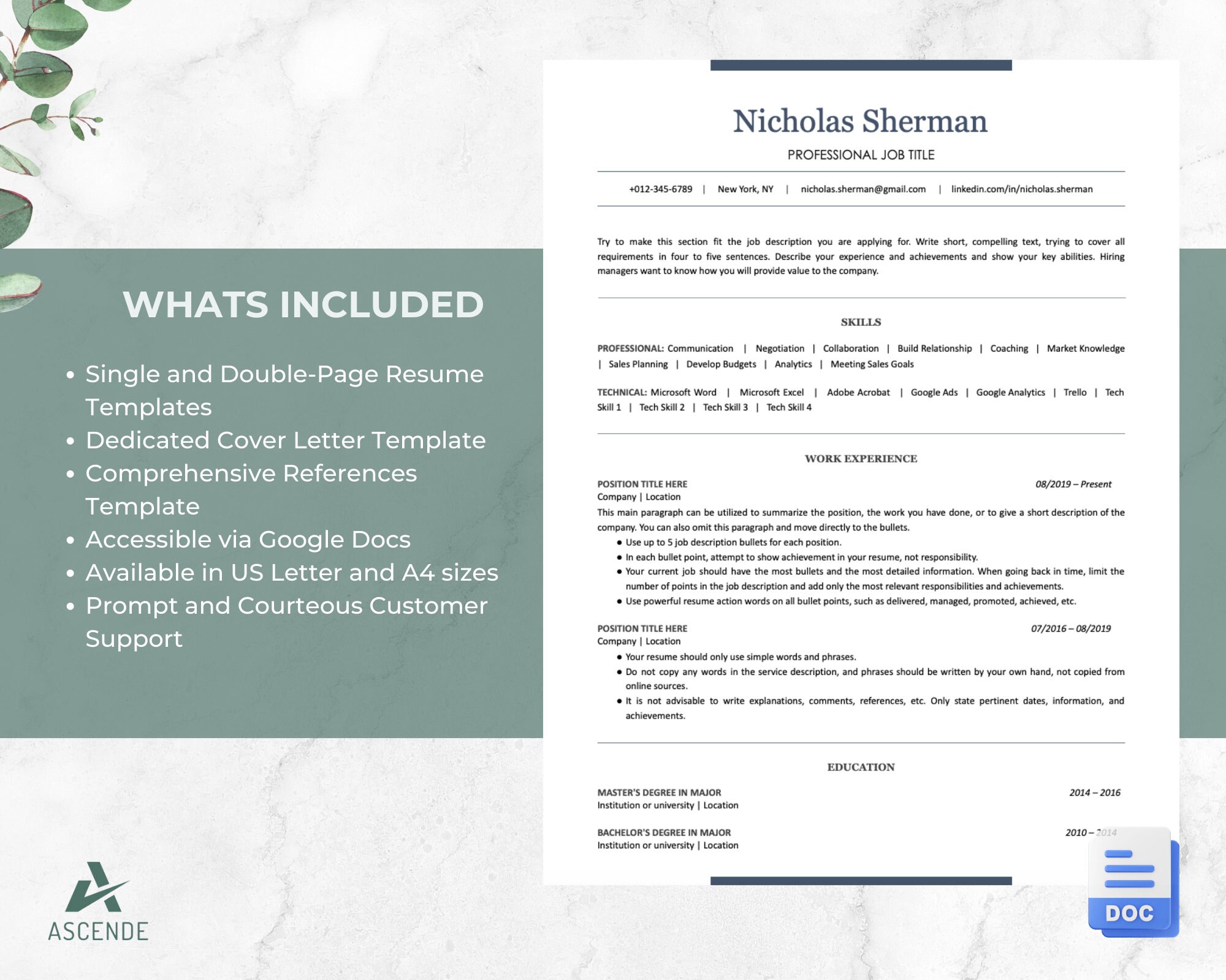 Minimalist ATS CV Template 2023 for Google Docs: Professional 1 & 2 ...