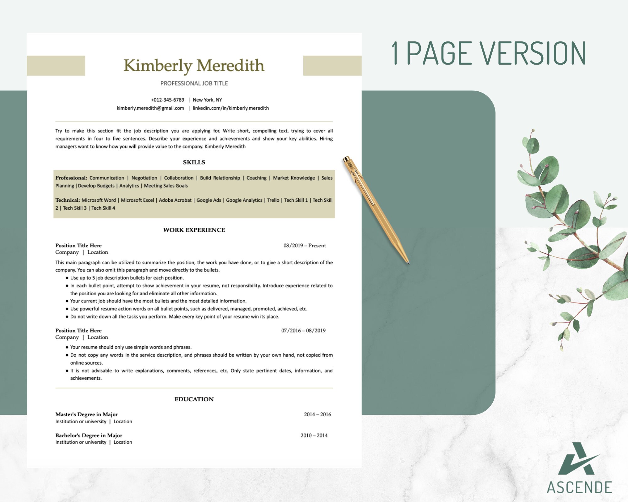 Minimalist ATS CV Template 2023 for Google Docs: Professional 1 & 2 ...