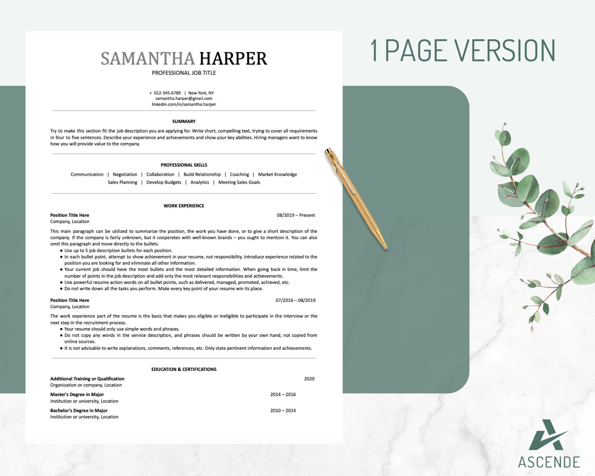 Minimalist ATS CV Template 2023 for Google Docs: Professional 1 & 2 ...