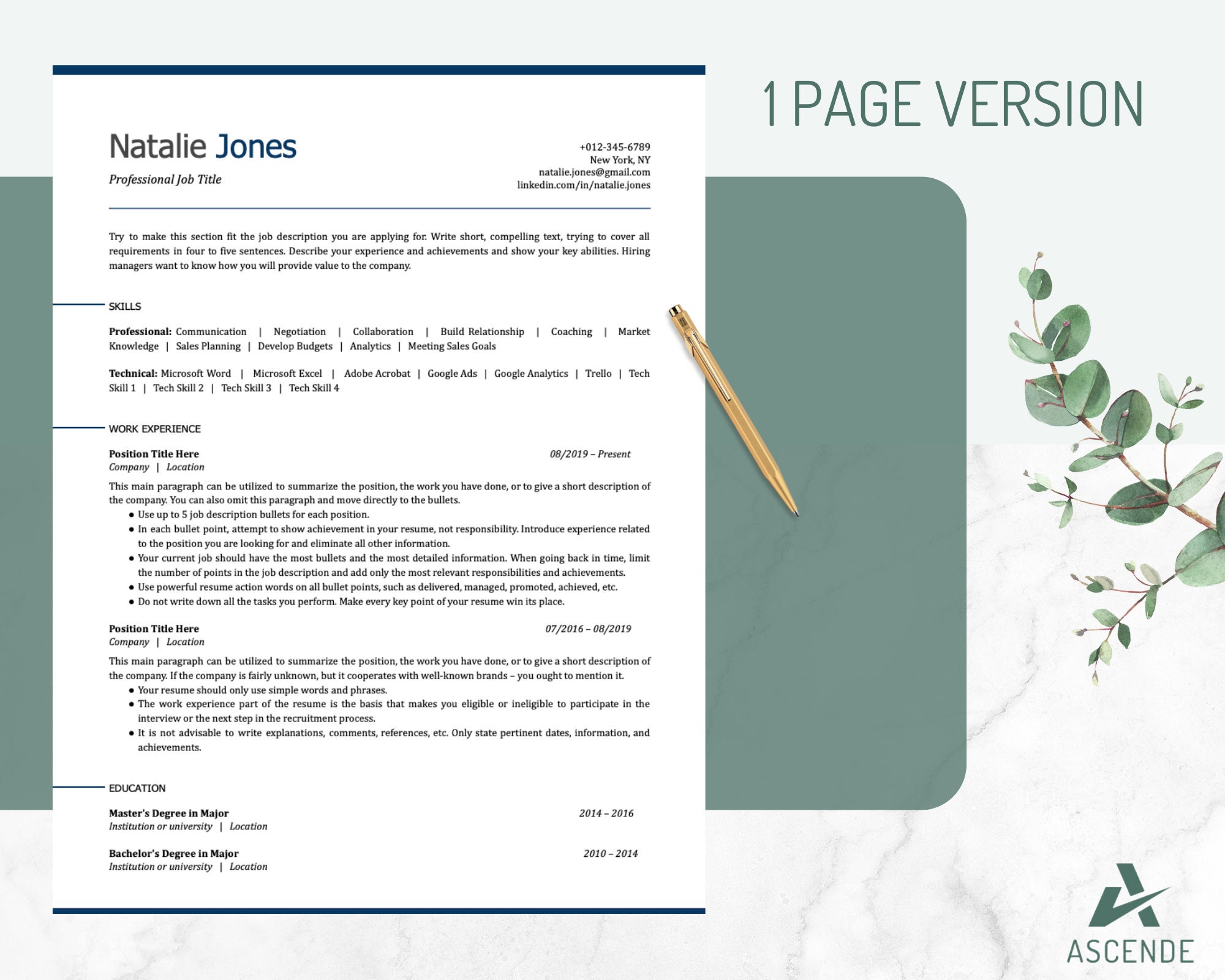 Minimalist ATS CV Template 2023 for Google Docs: Professional 1 & 2 ...