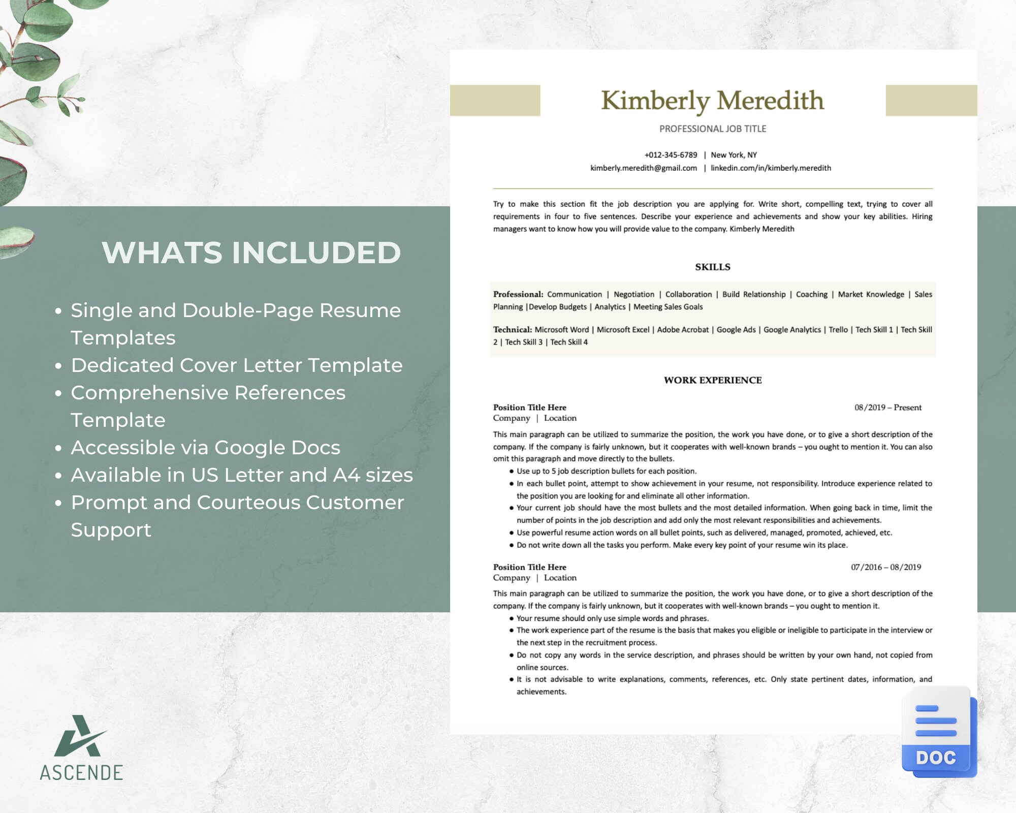 Minimalist ATS CV Template 2023 for Google Docs: Professional 1 & 2 ...