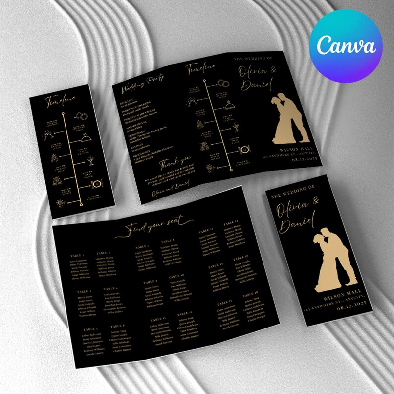 Black Trifold Seating Chart Program Template, Editable Wedding Timeline ...