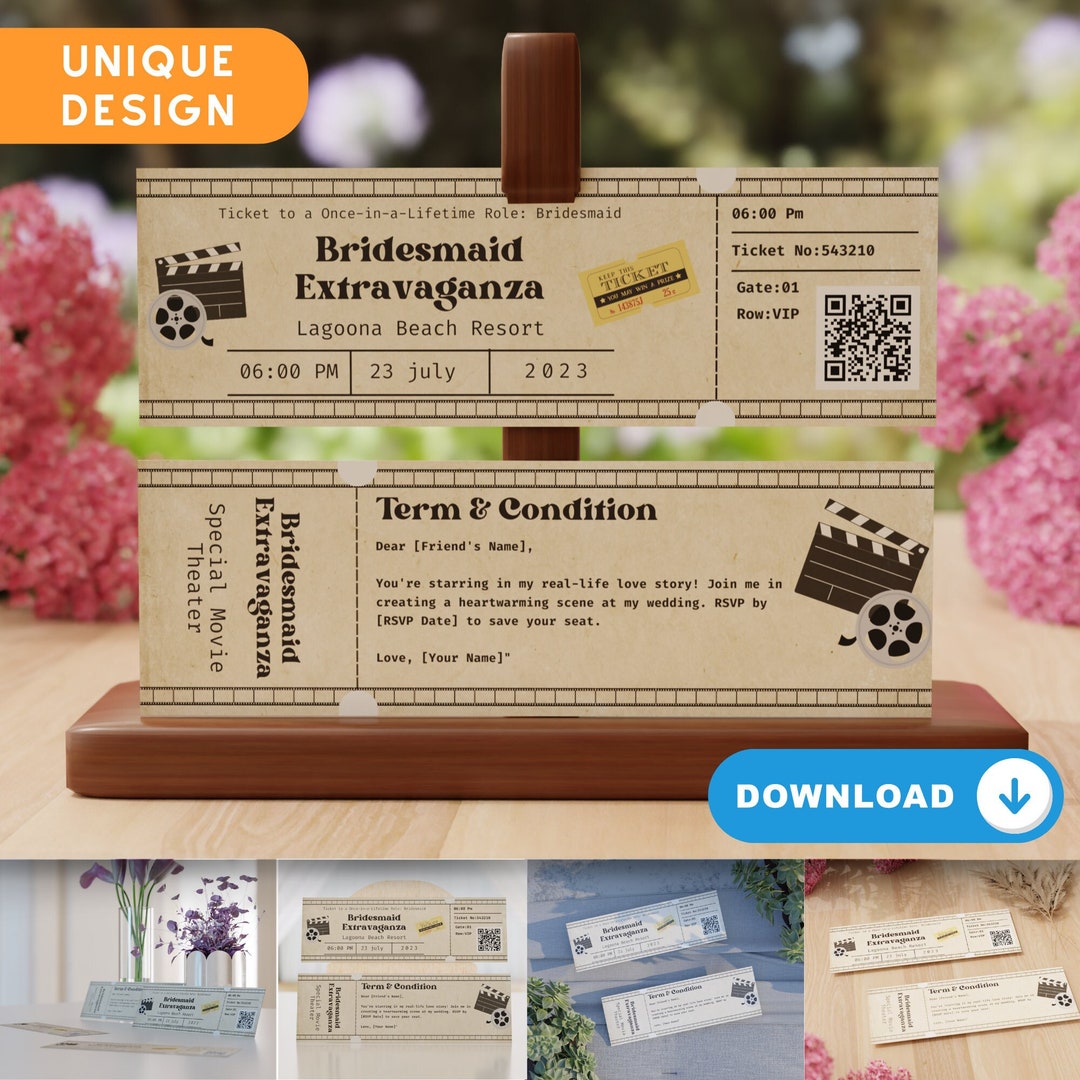 Bridesmaid Proposal Card Template: Cinema Ticket Theme (INSTANT ...