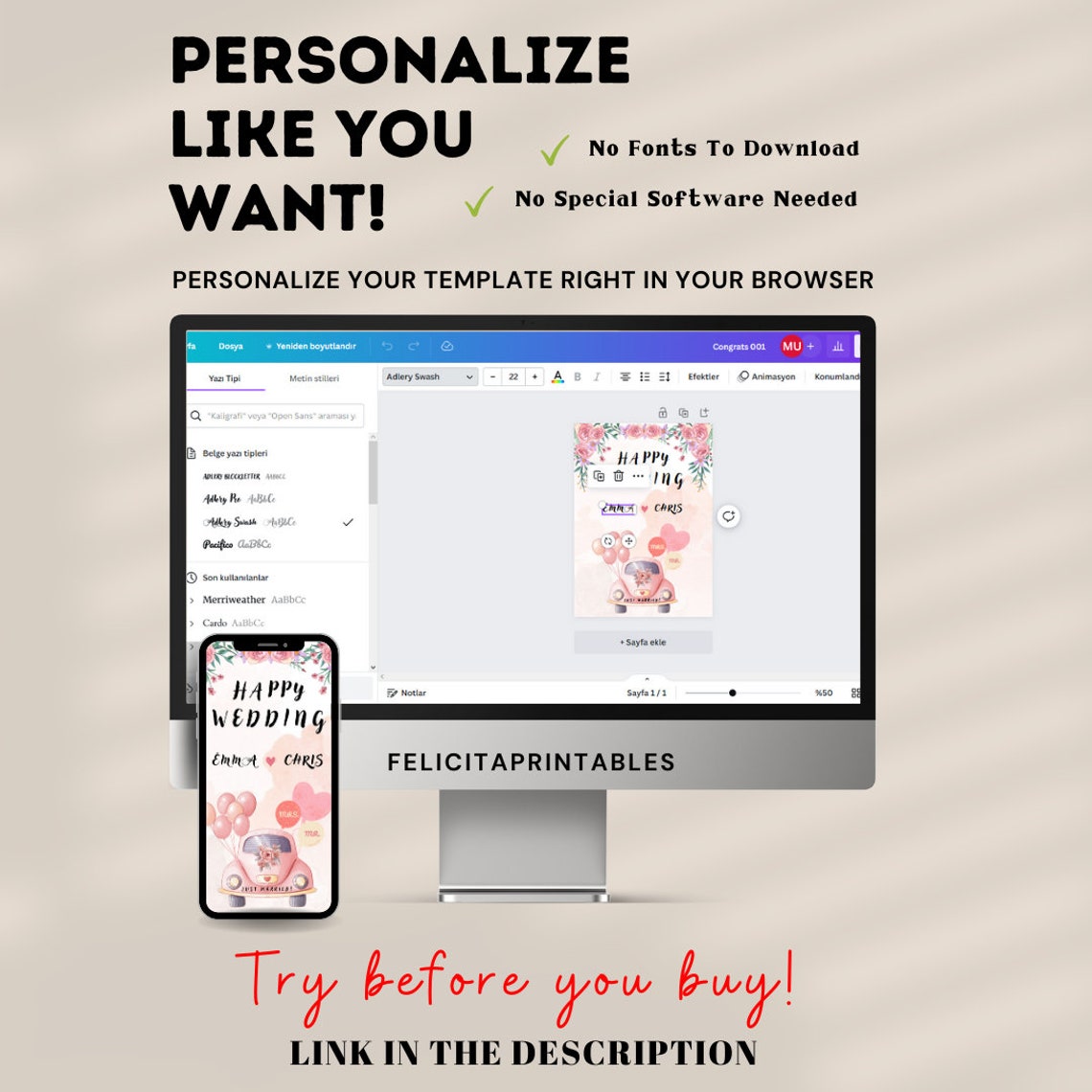 Editable Wedding Card, Printable Wedding Card, Happy Wedding Card ...