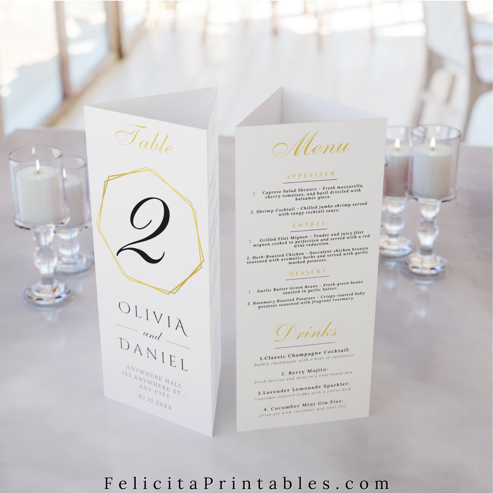 Golden Trifold Wedding Menu Template: Triangle Table Sign (printable ...
