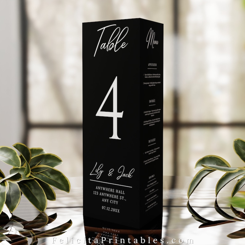 Black Wedding Table Number Card Template, Triangle Table Sign, Trifold ...