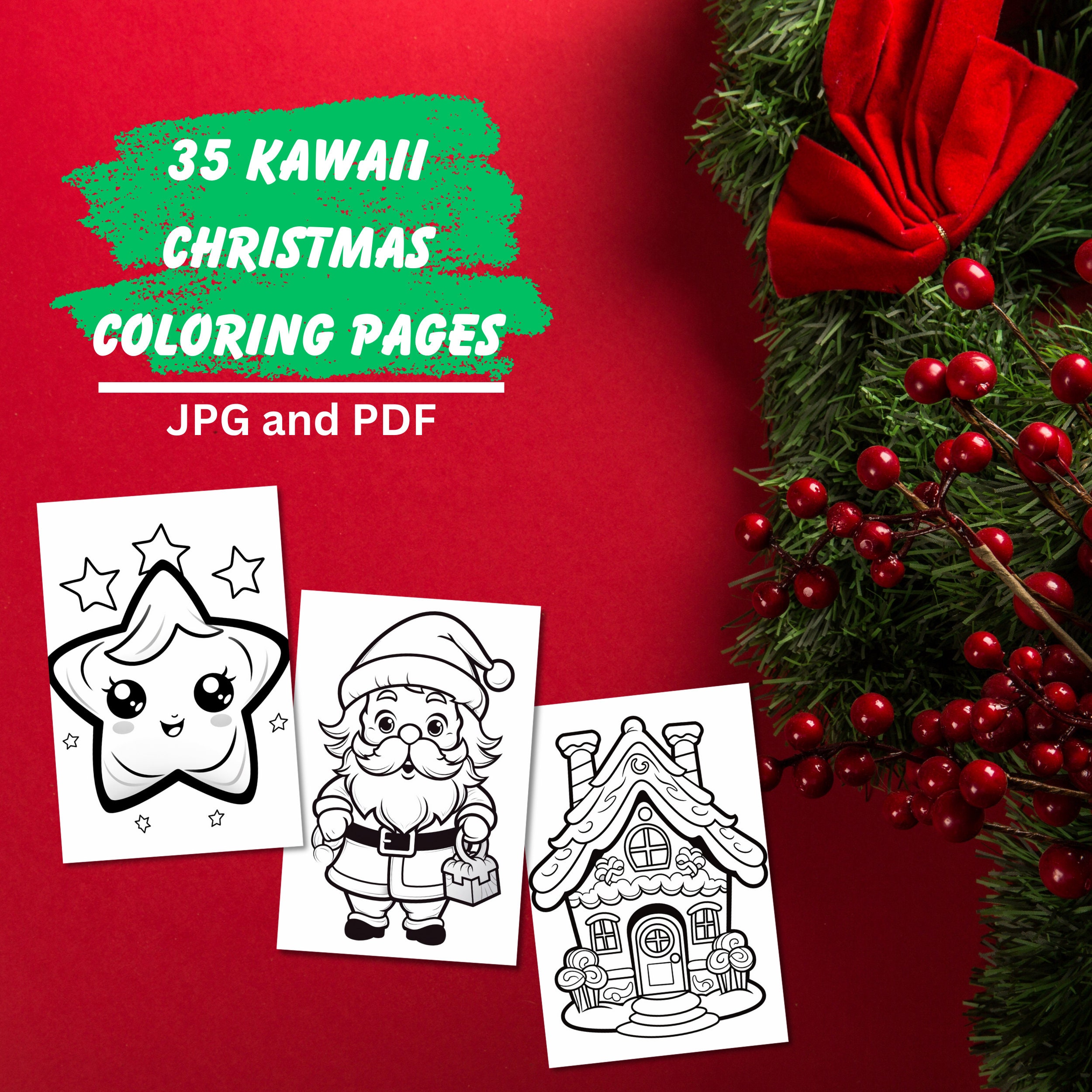 Kawaii Christmas Coloring Pages, 35 Pages, Happy Kawaii, Cute Kawaii ...