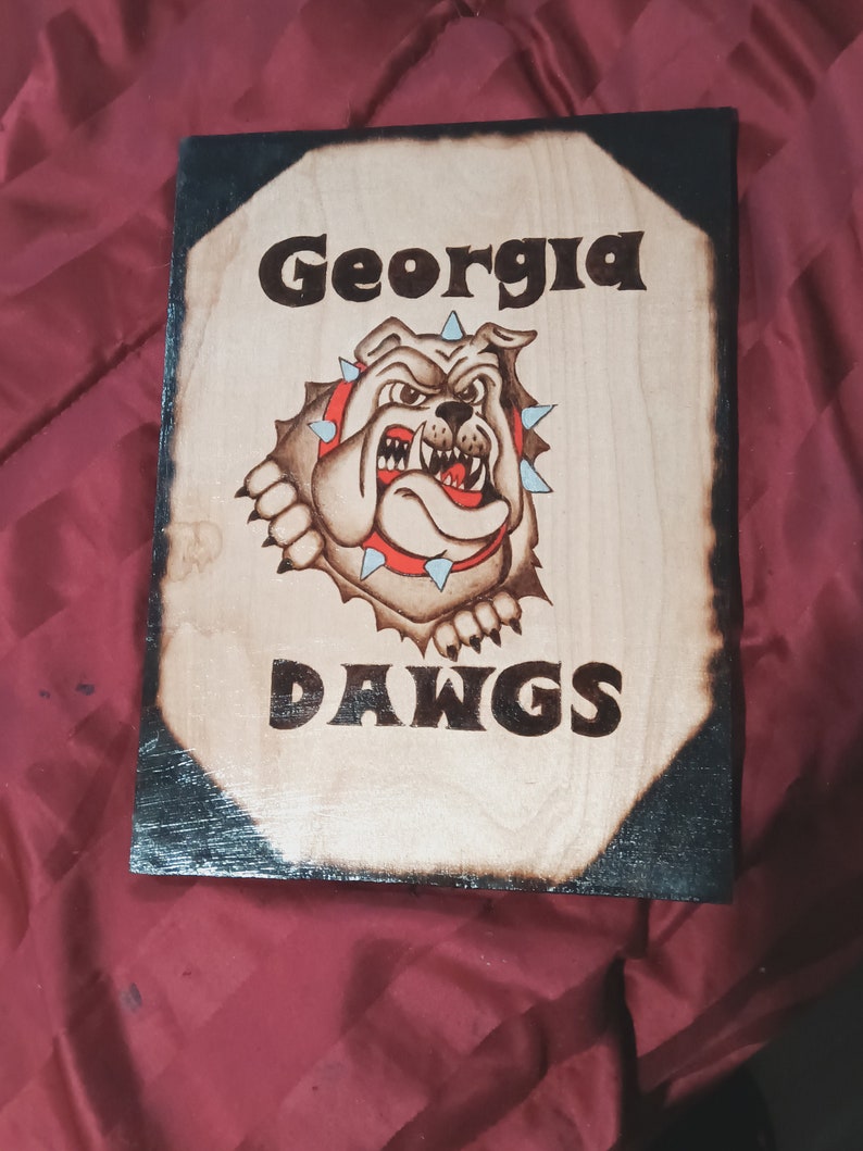 Handrawn N Handburned Colored Ga Bulldog Pyrography Woodburnined ...