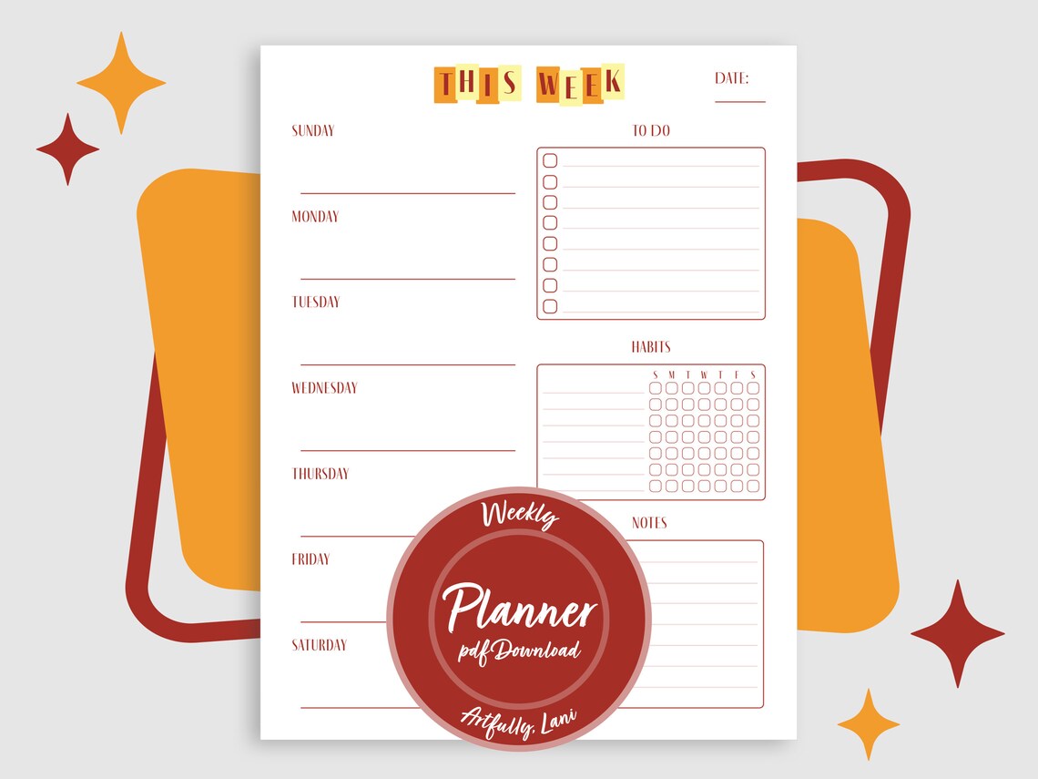 Printable Weekly Planner | Retro Theme | Portrait Format | Downloadable ...