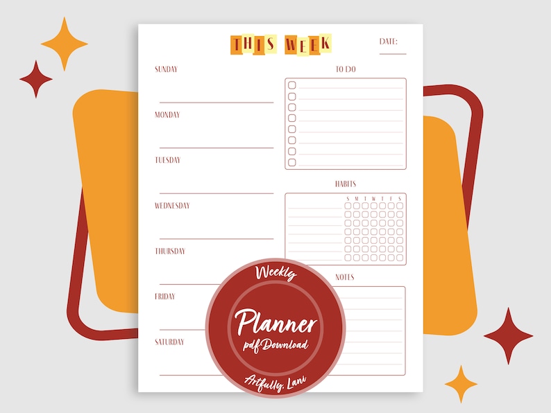 Printable Weekly Planner | Retro Theme | Portrait Format | Downloadable ...