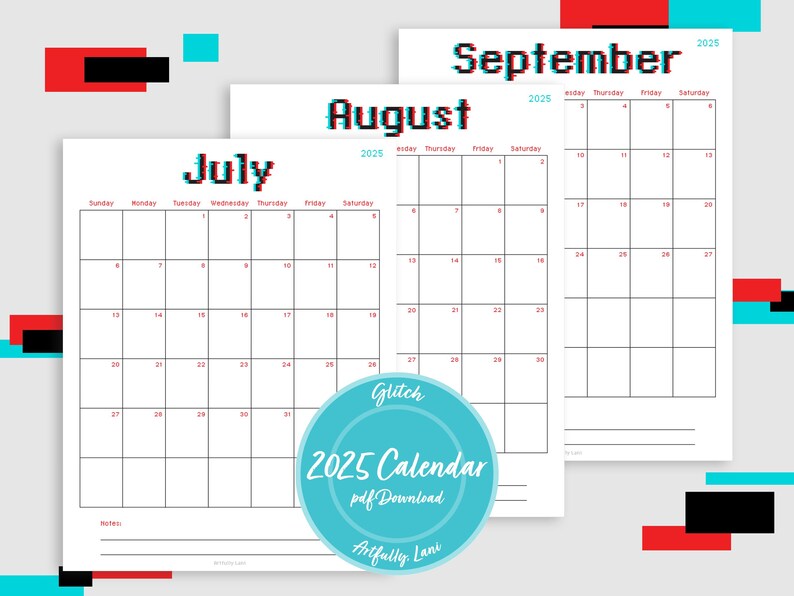 2025 Calendar With a Glitch Theme for Home or Office | Jan-dec | Sunday ...
