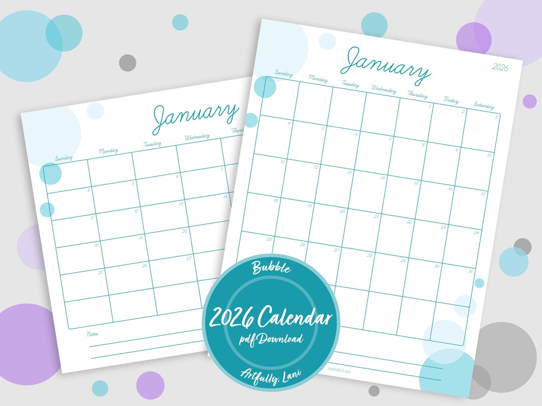 Fun Bubble Calendar 2026 | Printable PDF Download | for Home or Office ...