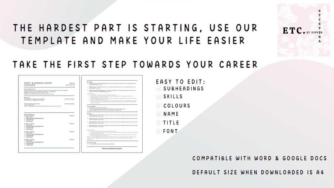 Clean Minimalistic CV (resume) Template, Easy to Edit and Customise | 2 ...