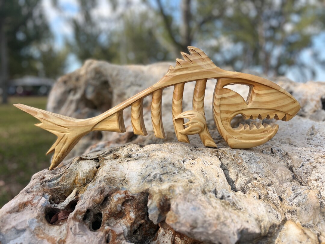 Hand-carved Wooden Fish Skeleton Wall Hanging Natural Stain With ...